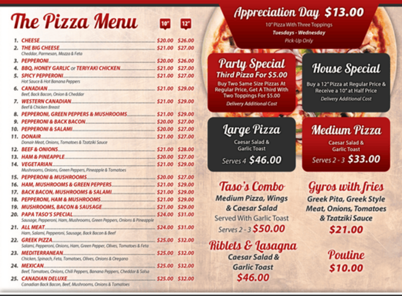 Tasos menu store