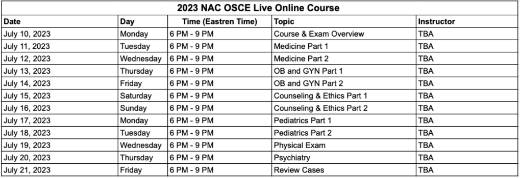 NAC OSCE Schedule 2023