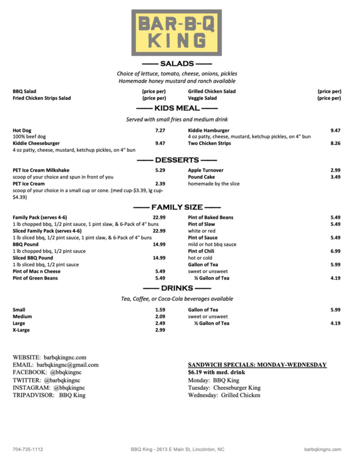 BBQ King Lincolnton NC Menu