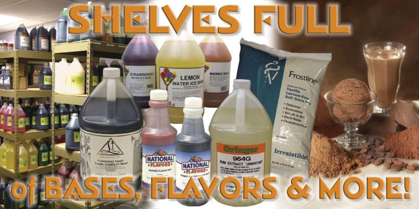 Ice cream bases, flavors, fountain syrups, frozen coffee mixes