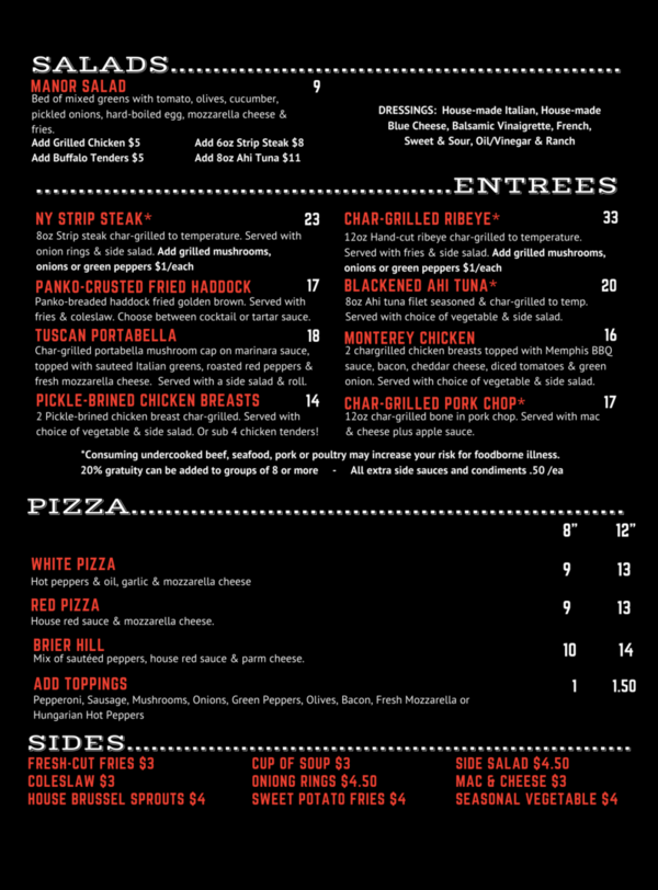 The Manor Restaurant Menu