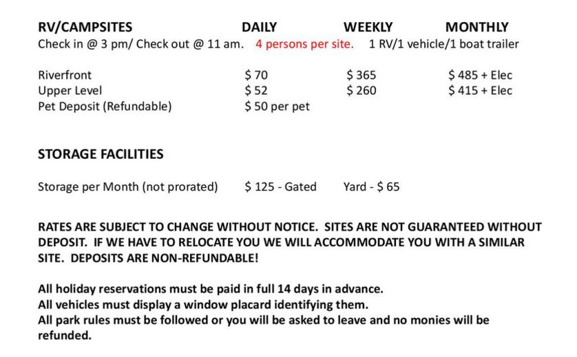 RATES - RV CAMPING - TENT CAMPING - BUNGALOW RENTALS