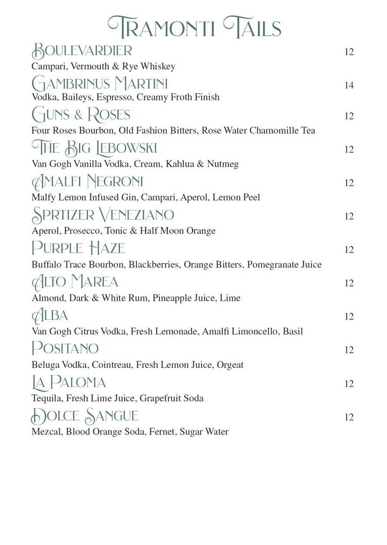 Menu | Tramonti Ristorante