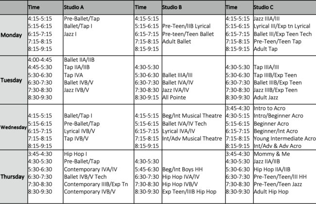 Encore Dance Center- Summer Schedule