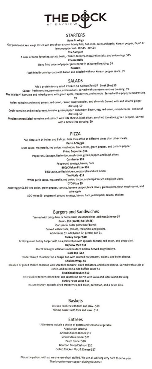 Menu | The Dock at Bayview