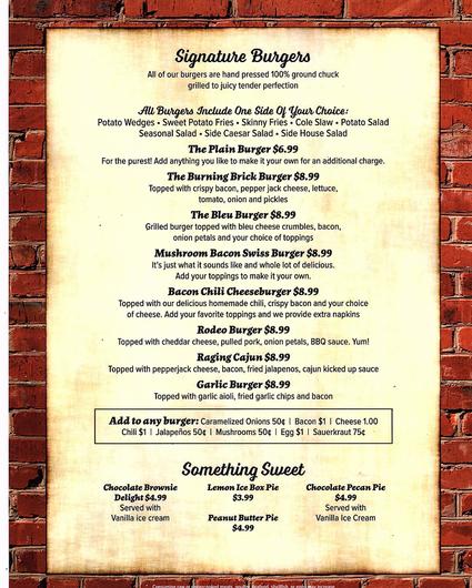 Burning Brick Tavern Menu