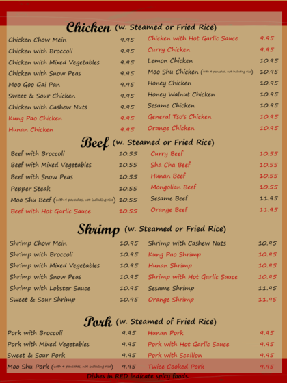 Dragon Inn Dinner Menu