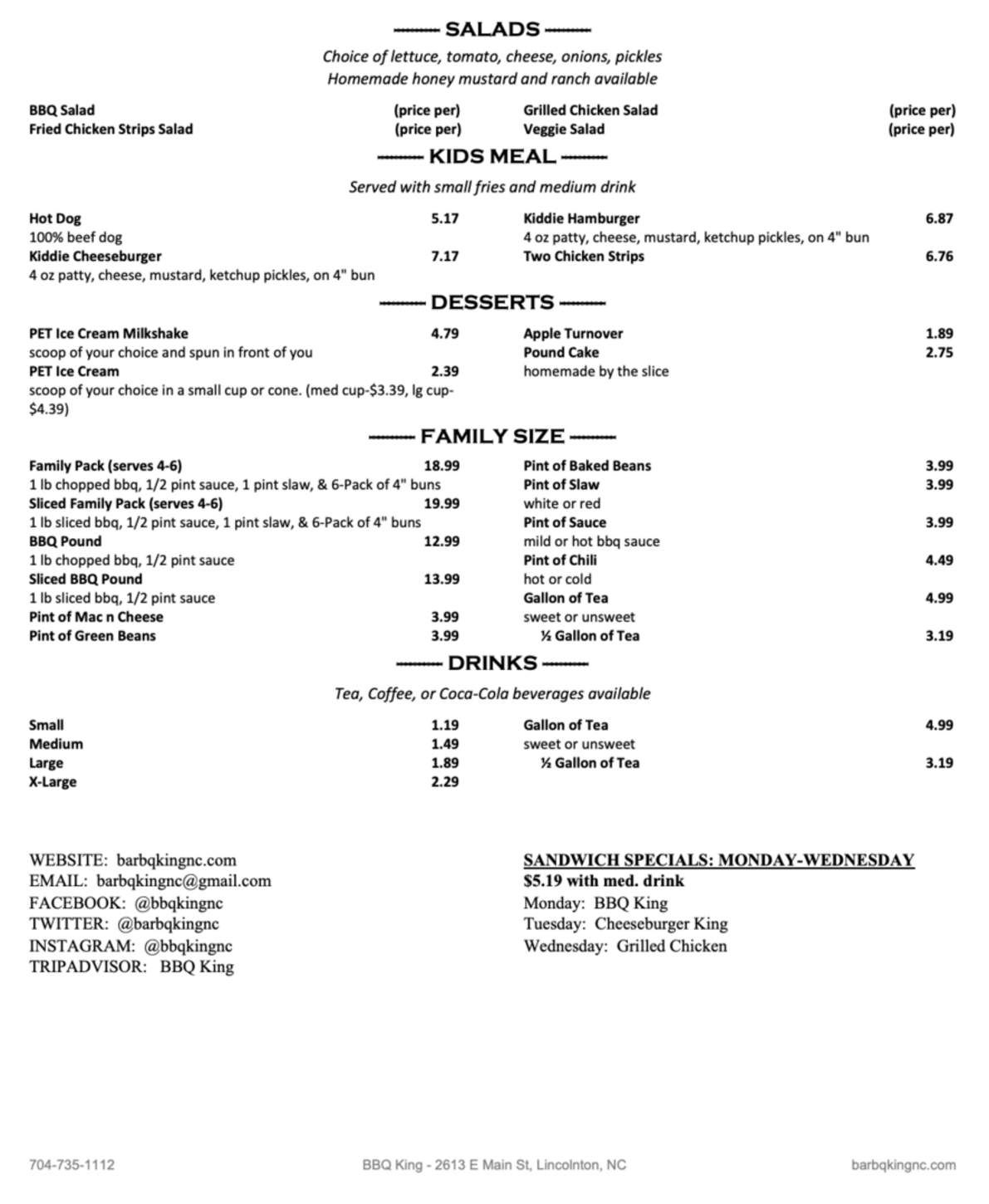 BBQ King Lincolnton NC Menu