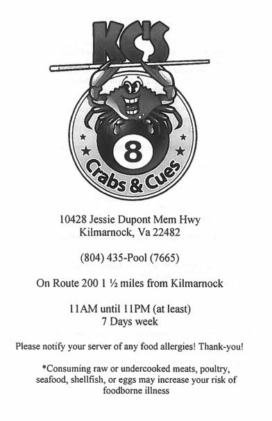 Kc's Crabs And Cues : Menu