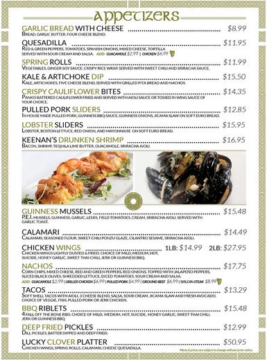 Irish Pub Food Menu