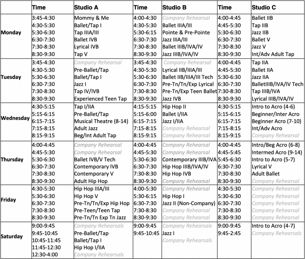 Encore Dance Center- Fall Schedule