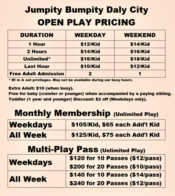 Hours | Jumpity Bumpity Indoor Recreation Center | Daly City, CA