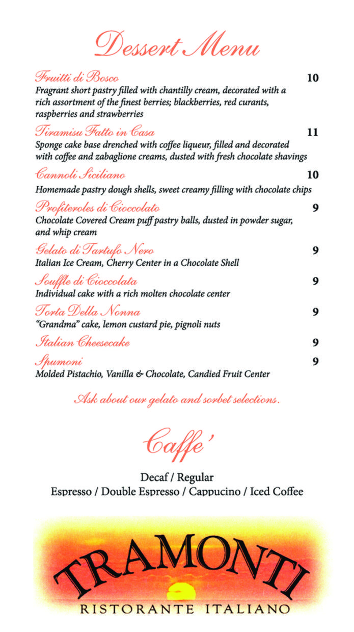 Menu | Tramonti Ristorante
