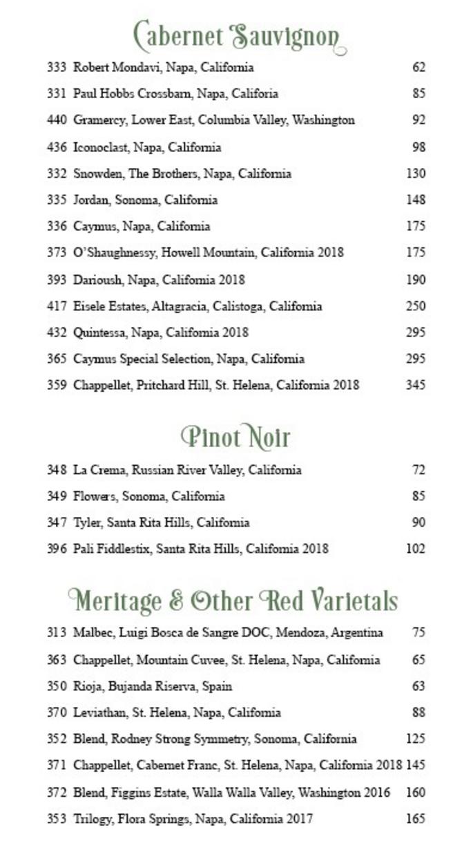 Menu | Tramonti Ristorante