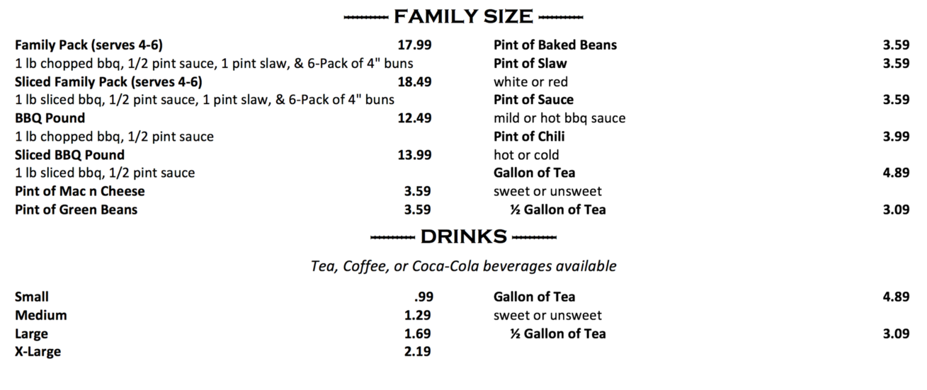 BBQ King Lincolnton NC Menu