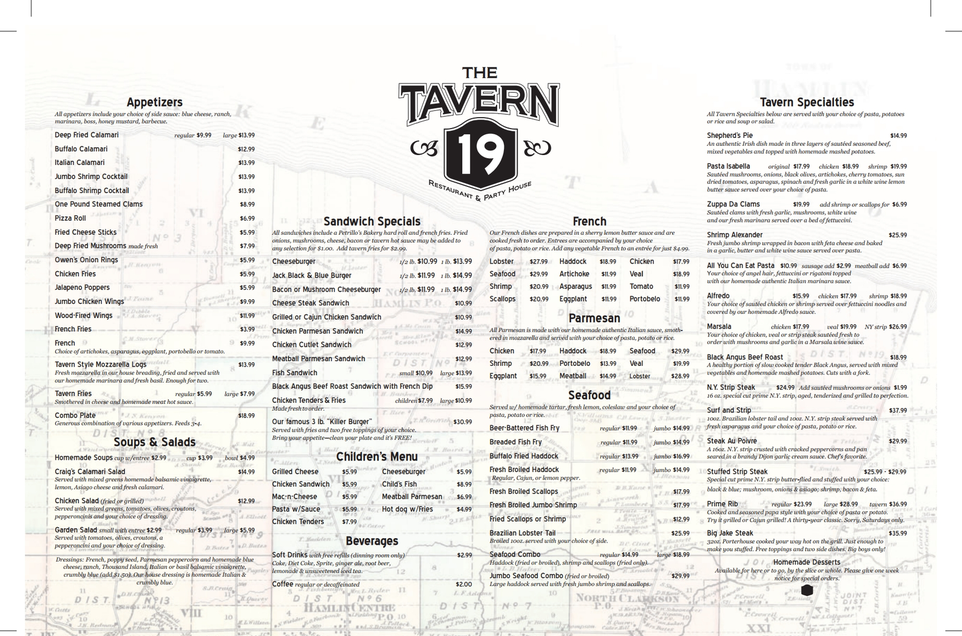 The Tavern 19 Menu