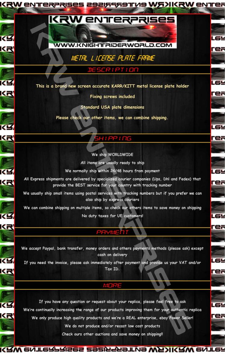 KRW KARR KITT METAL LICENSE PLATE FRAME
