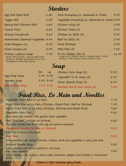 Dragon Inn Dinner Menu