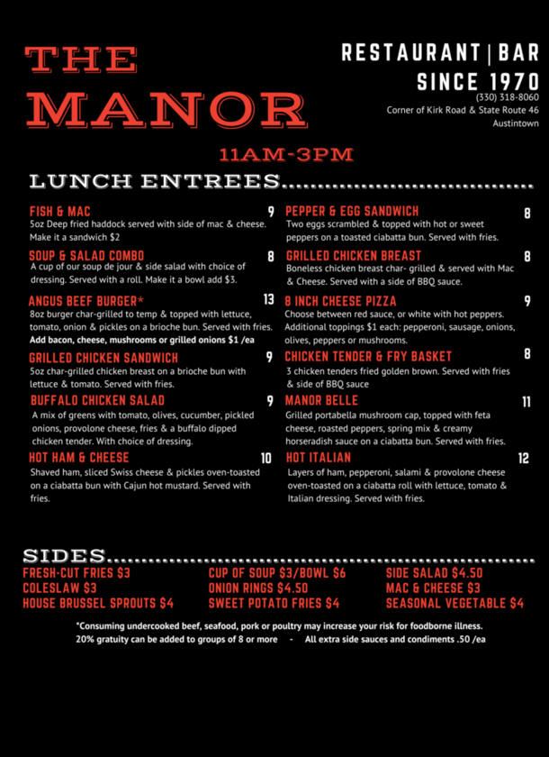 The Manor Restaurant Menu