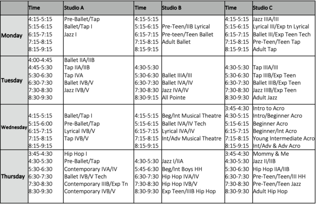 Encore Dance Center- Summer Schedule