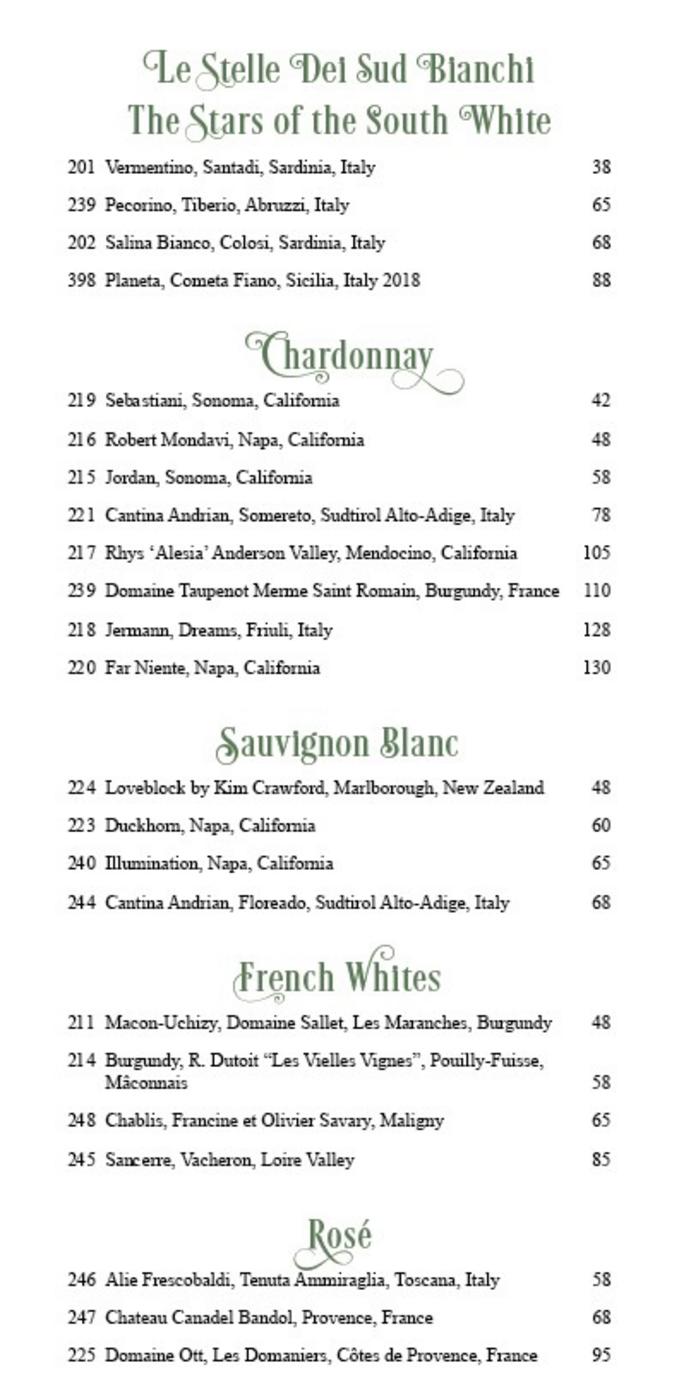 Menu | Tramonti Ristorante