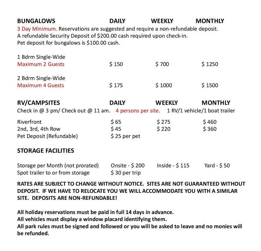 RATES - RV CAMPING - TENT CAMPING - BUNGALOW RENTALS