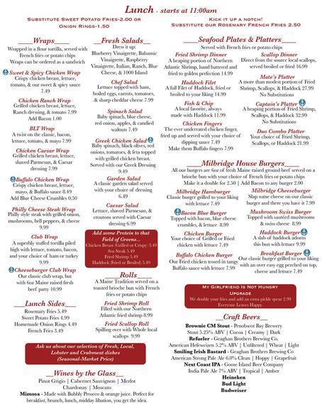 Milbridge House Restaurant Menu