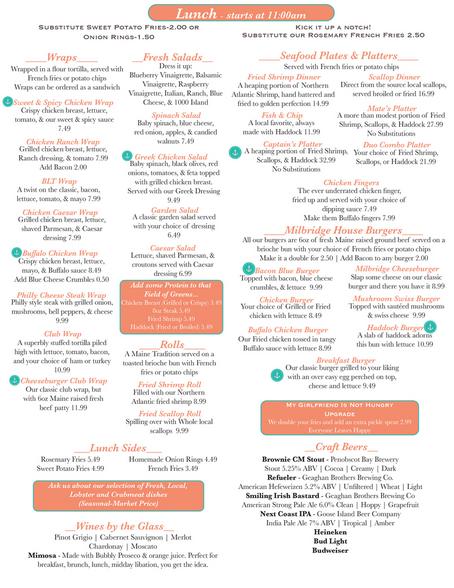 Milbridge House Restaurant Menu