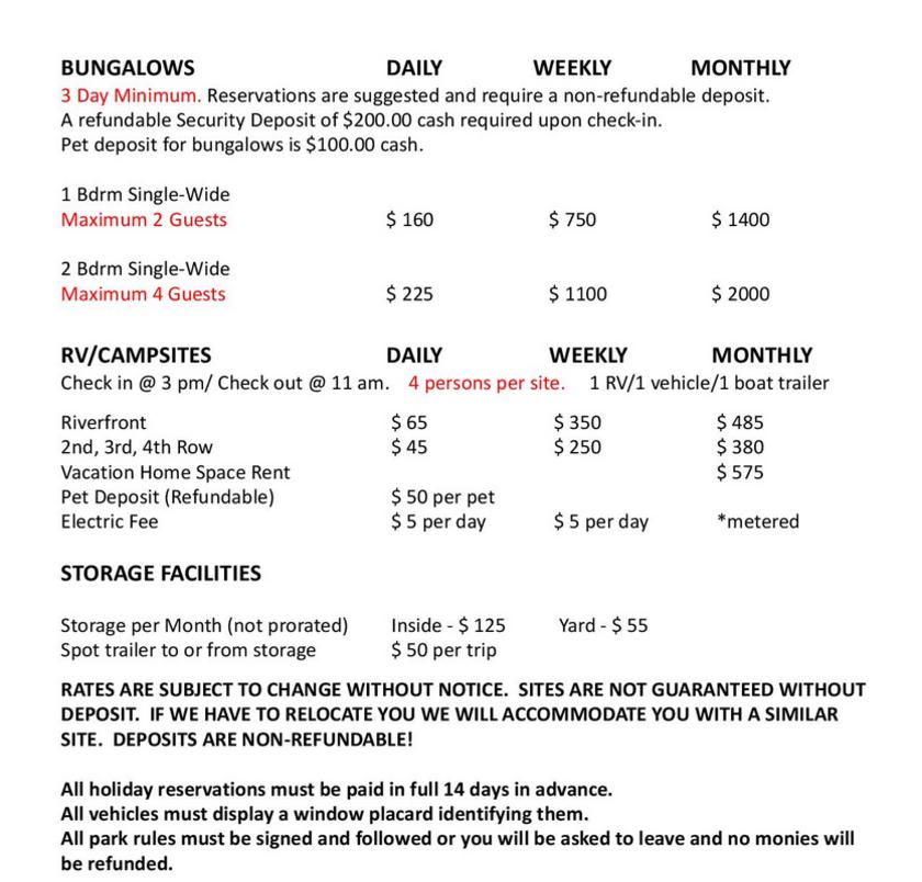 RATES - RV CAMPING - TENT CAMPING - BUNGALOW RENTALS
