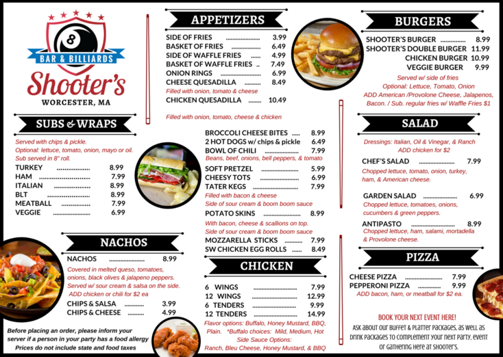 Menu | Shooters Bar & Billards, LLC