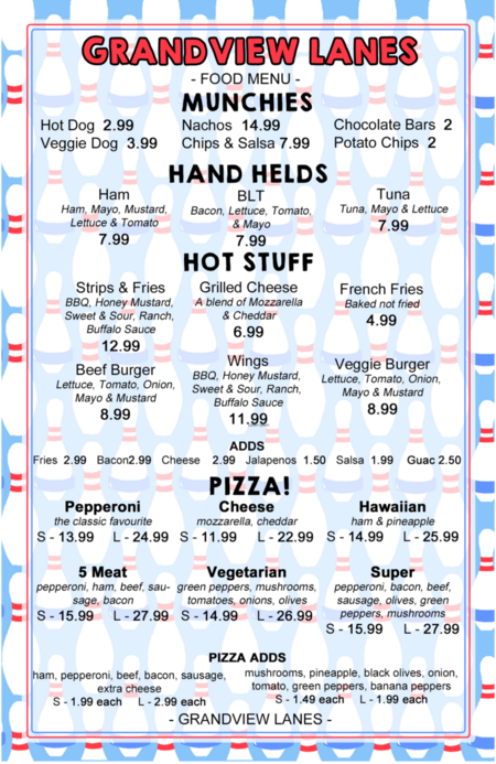 Menu | Grandview Lanes