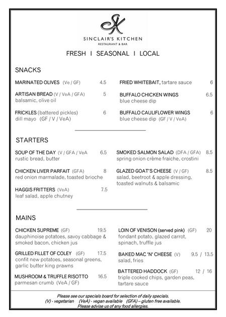 Sinclairs Kitchen Menu