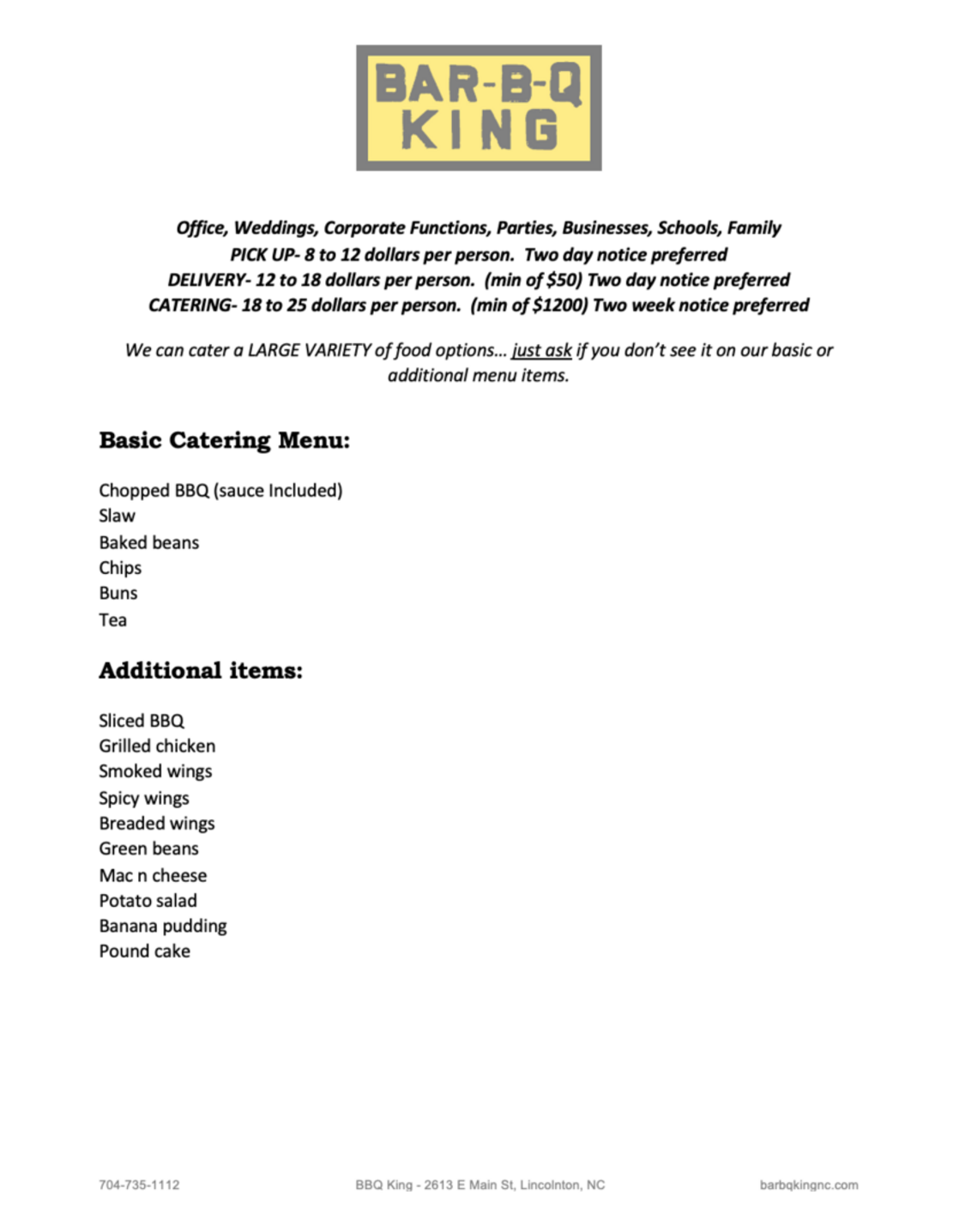 BBQ King Lincolnton NC Catering