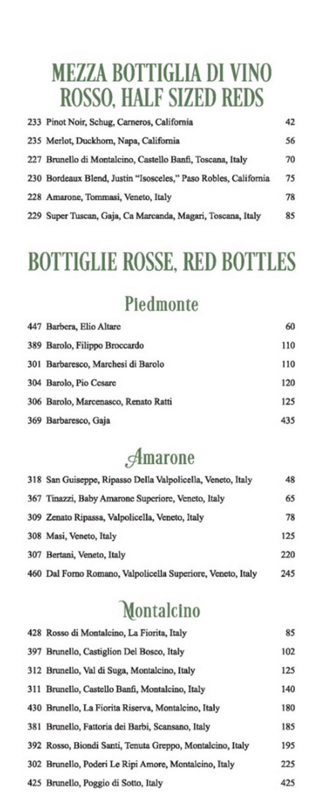 Menu | Tramonti Ristorante