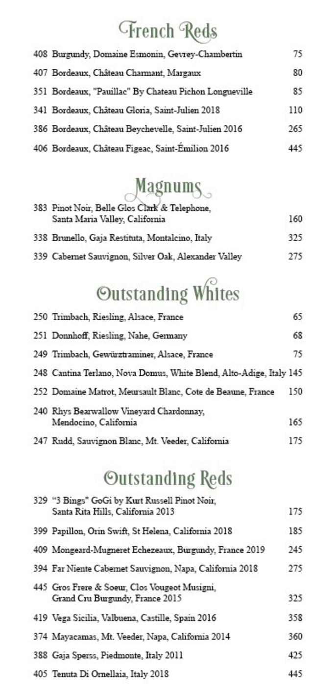 Menu | Tramonti Ristorante