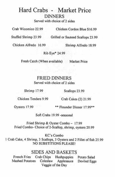 Kc's Crabs And Cues : Menu