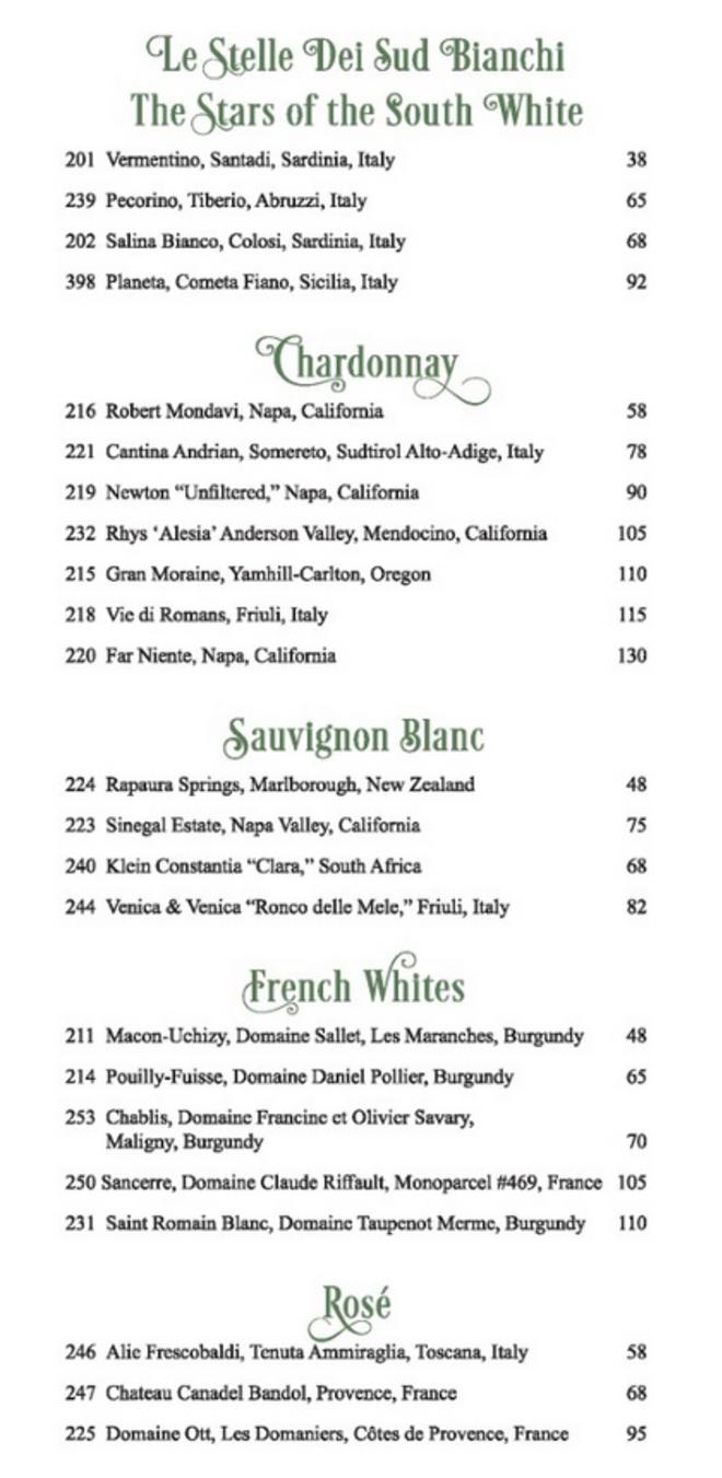 Menu | Tramonti Ristorante