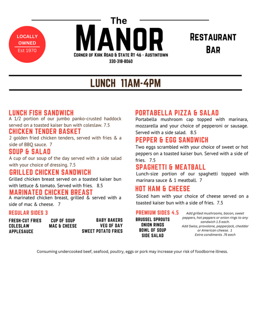 The Manor Restaurant Menu