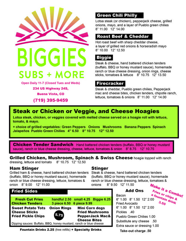 Biggies Sub Shop in Buena Vista, Co : Menu