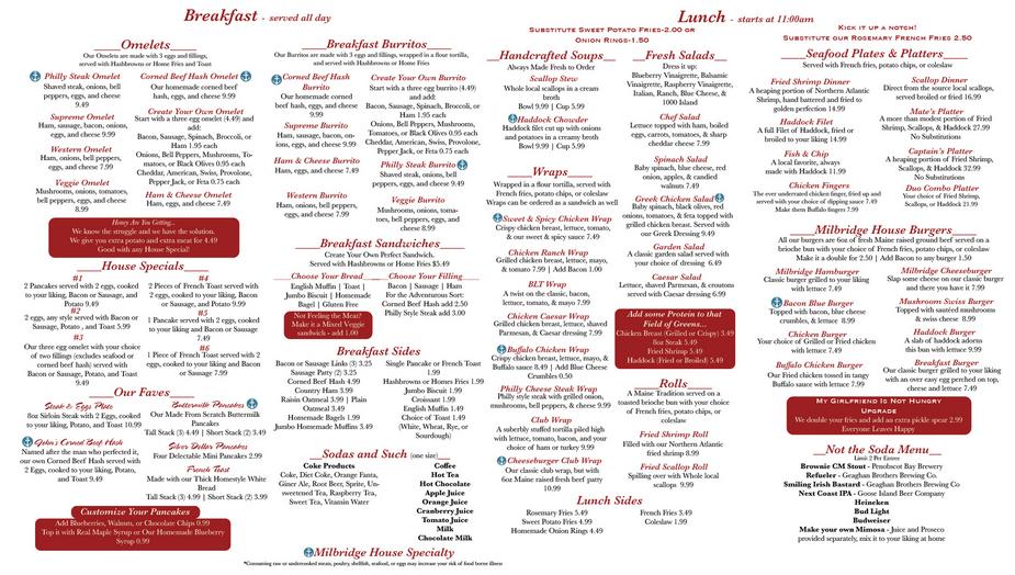 Milbridge House Restaurant Menu