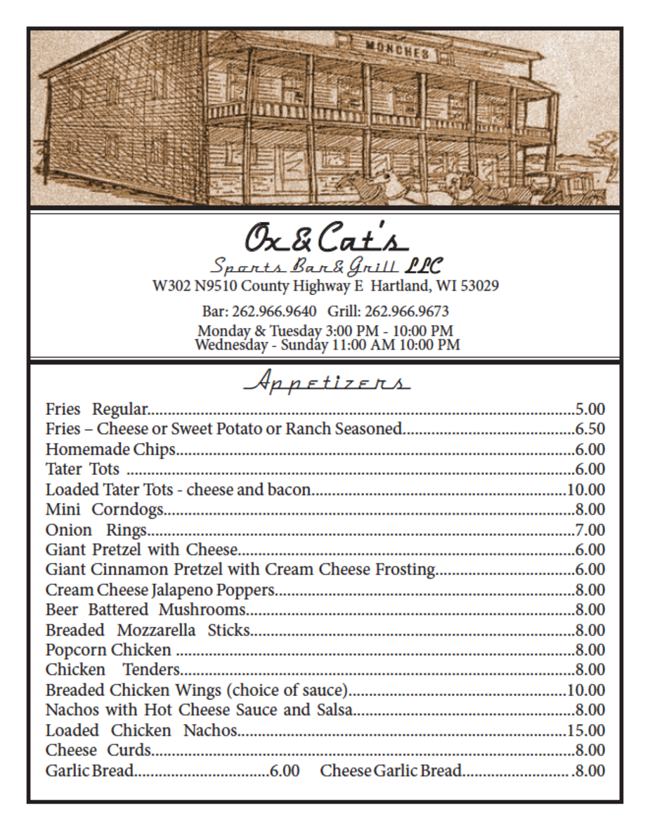 Ox and Cats Menu