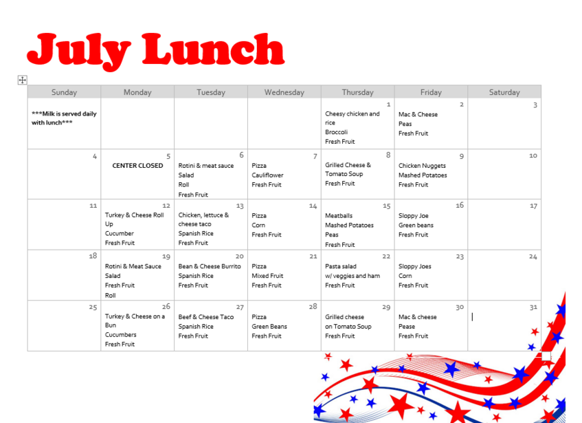 Lunch and Snack Menu