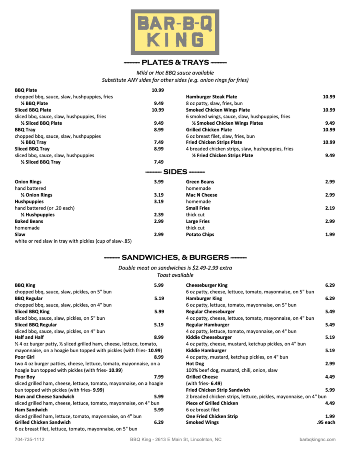 BBQ King Lincolnton NC Menu