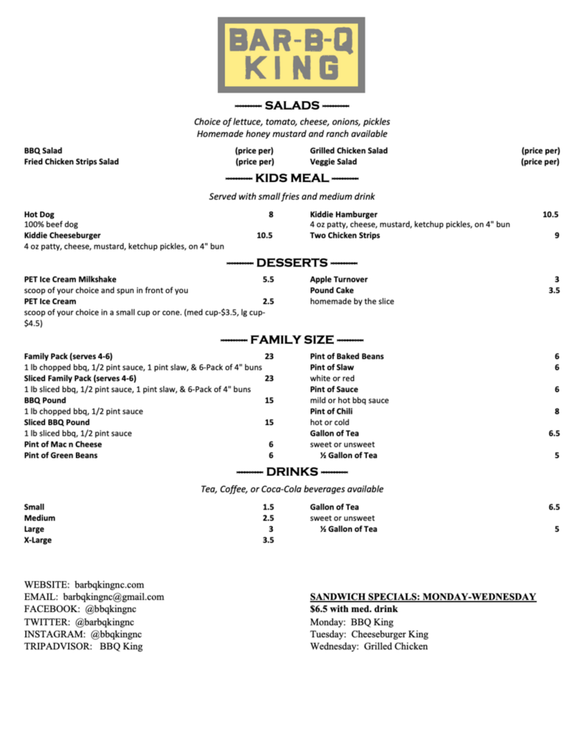 BBQ King Lincolnton NC Menu