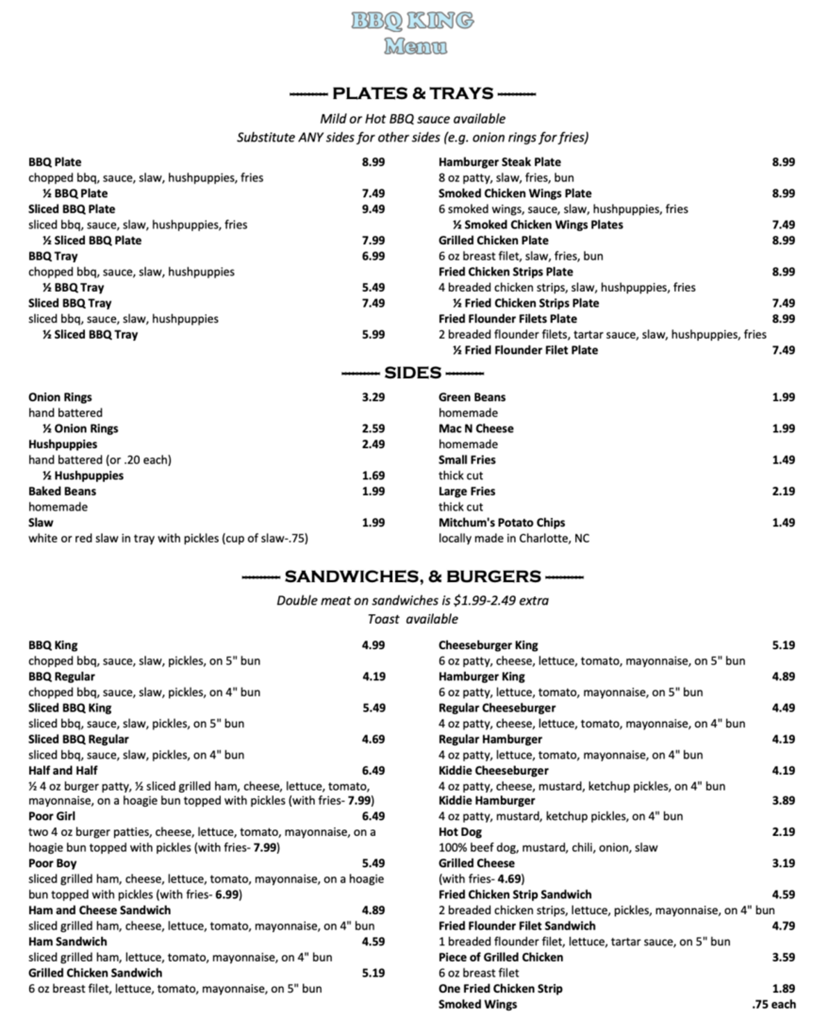BBQ King Lincolnton NC Menu