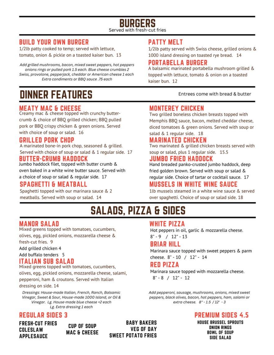 The Manor Restaurant Menu