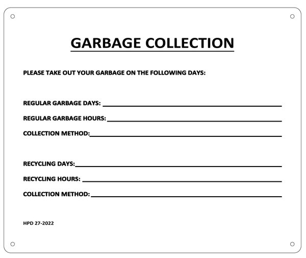 GARBAGE COLLECTION SIGN | HPD SIGNS -THE OFFICIAL STORE