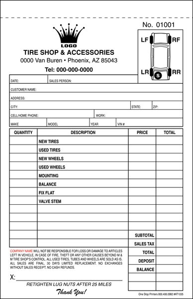Automotive Tire Repair Order Invoice One Stop Printers Direct 