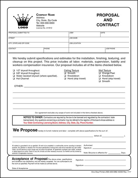 Drywall Proposal Contract One Stop Printers Direct Mail Service