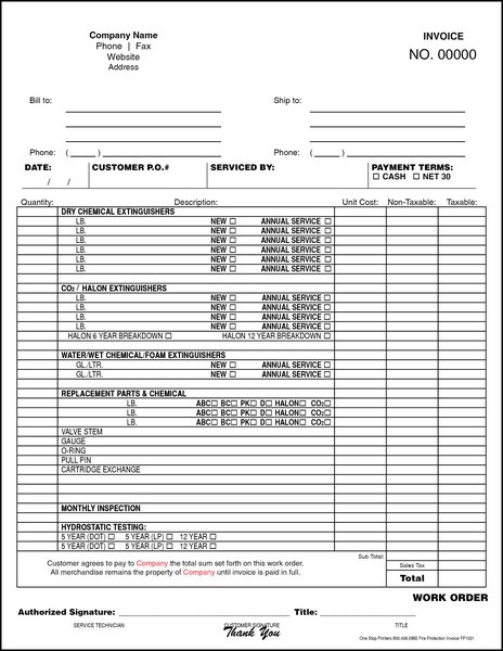 Fire Protection Invoice, Work Order | One Stop Printers & Direct Mail ...